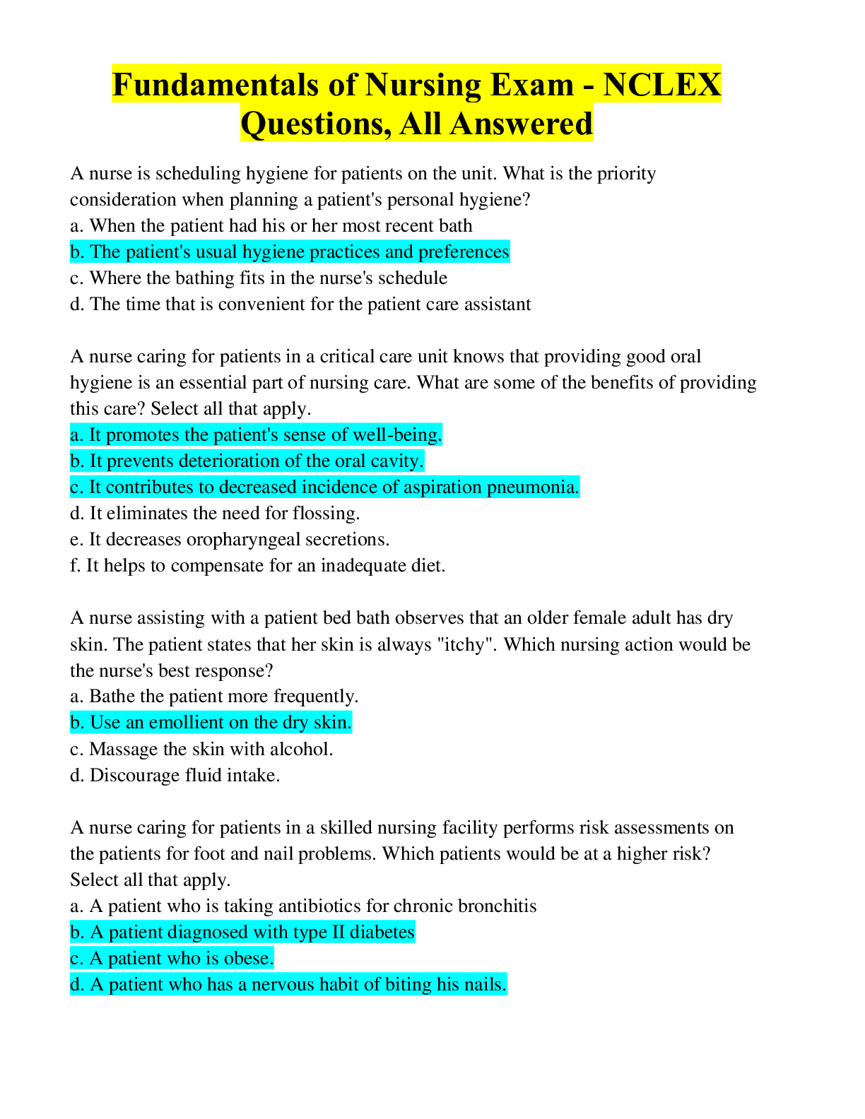 Fundamentals of Nursing Exam - NCLEX Questions, All Answered - Scholarfriends